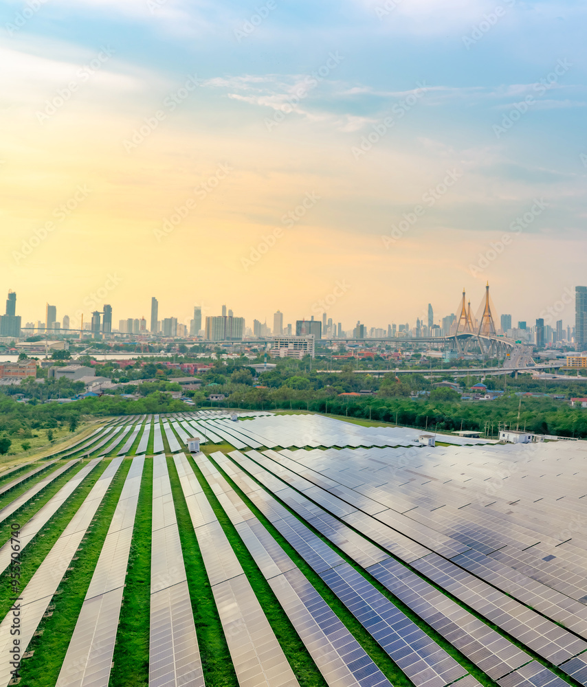 Sustainable city with green energy and net zero emissions. Solar power ...