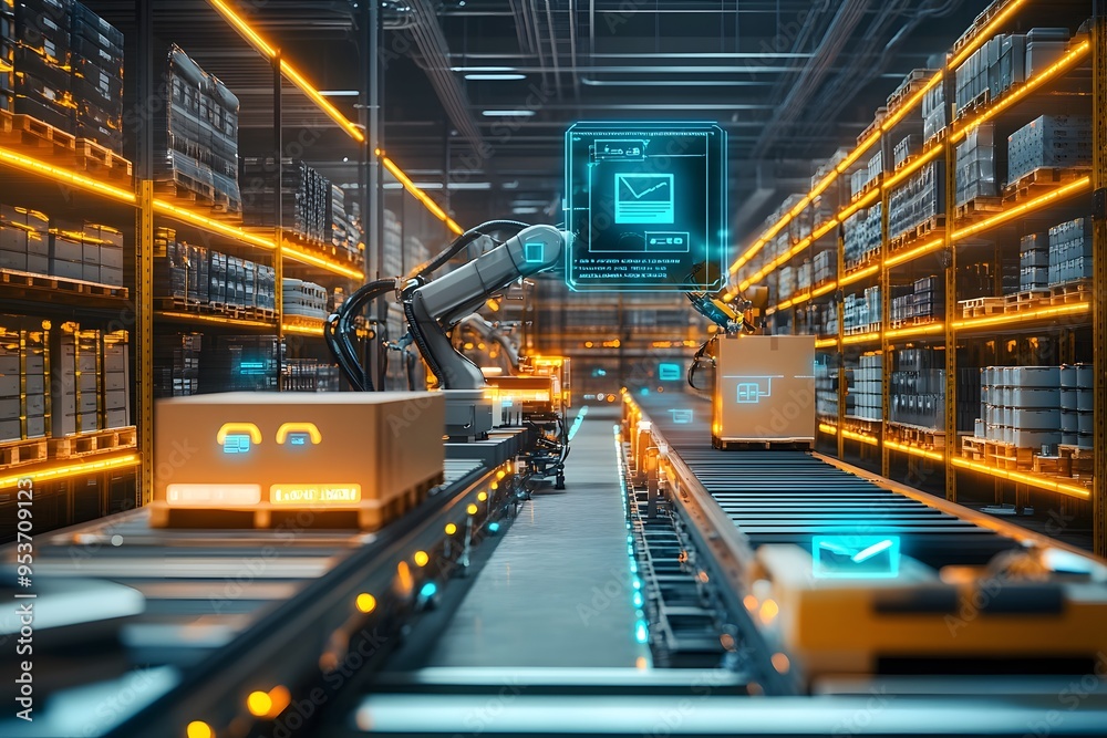 Smart warehouse with automated conveyor belts and robotic arms ...