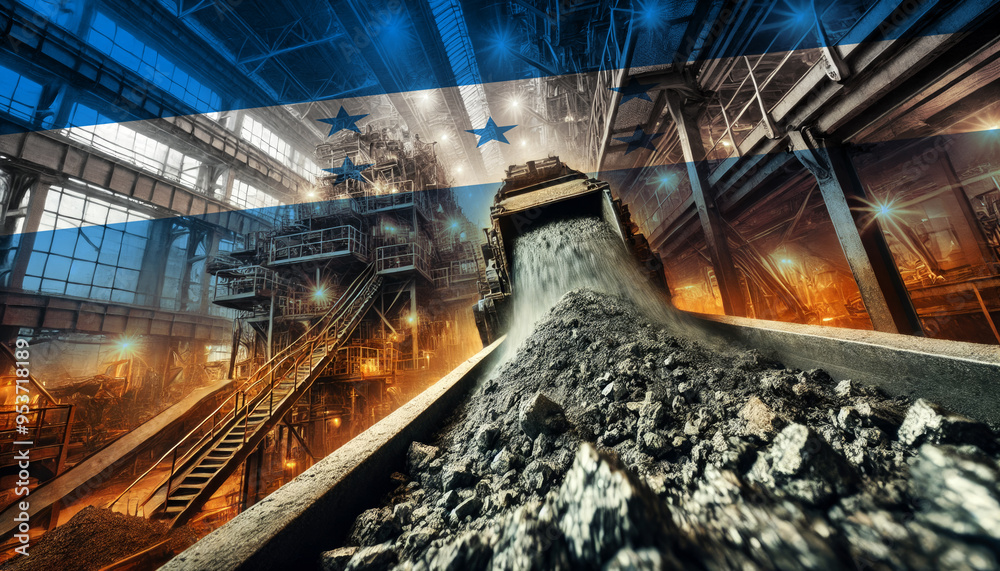 An industrial scene of coal being processed, combined with the Honduras ...