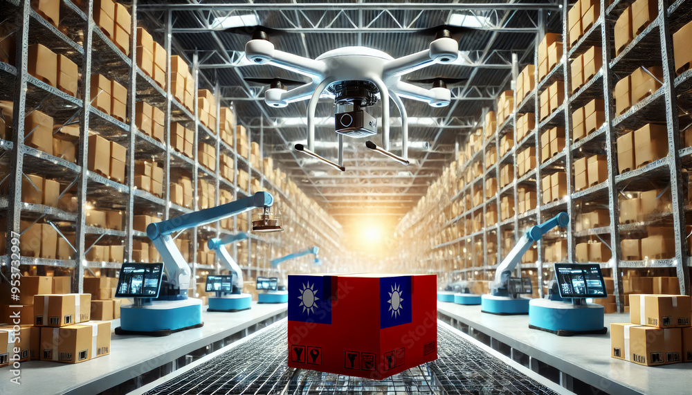 An advanced warehouse filled with drones and robots managing inventory ...