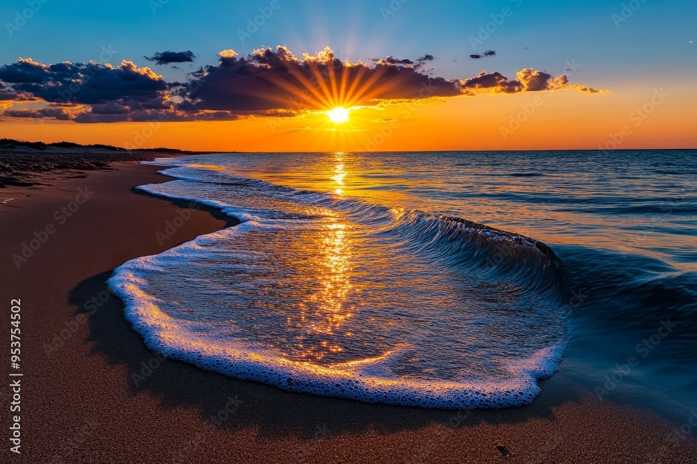 Amazing Sunset Ocean, Orange, and Afterglow shown in a coastal scene ...