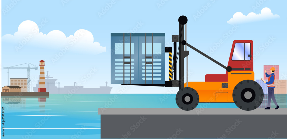 Container handler forklift lifting heavy cargo container in shipping ...
