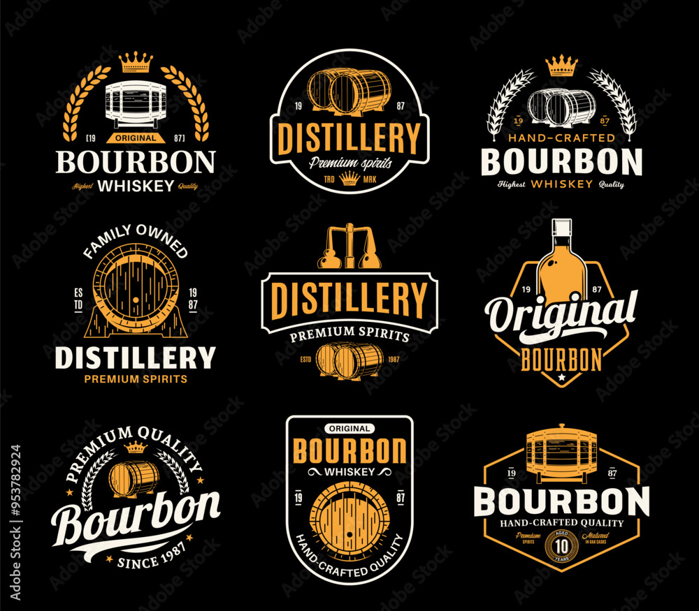 Vector white and yellow vintage bourbon whiskey logo isolated on a ...