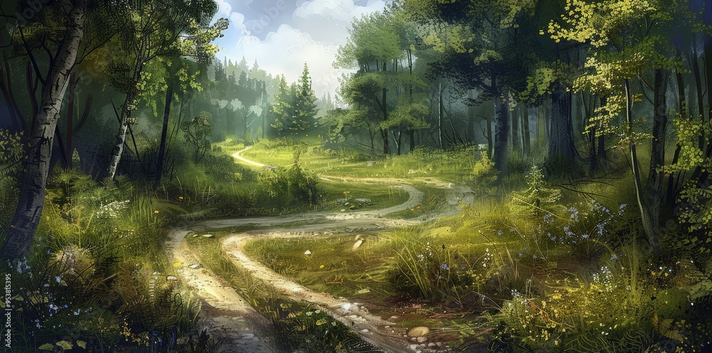 fork in the road with one path leading through a dense forest and the ...
