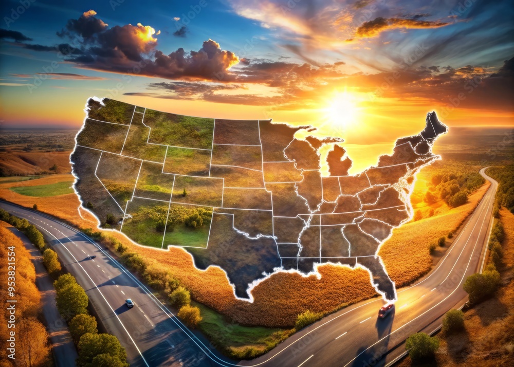 Aerial view of the United States map with a winding road stretching ...