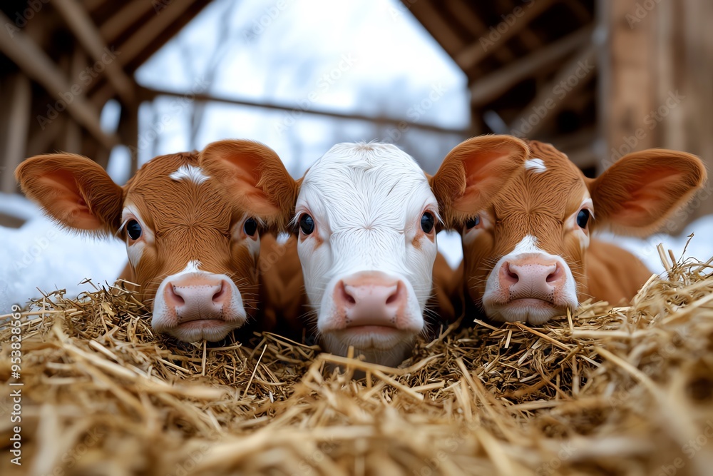 Farm Cow Calves, Barn, and Winter visualized in a cozy barn where young ...