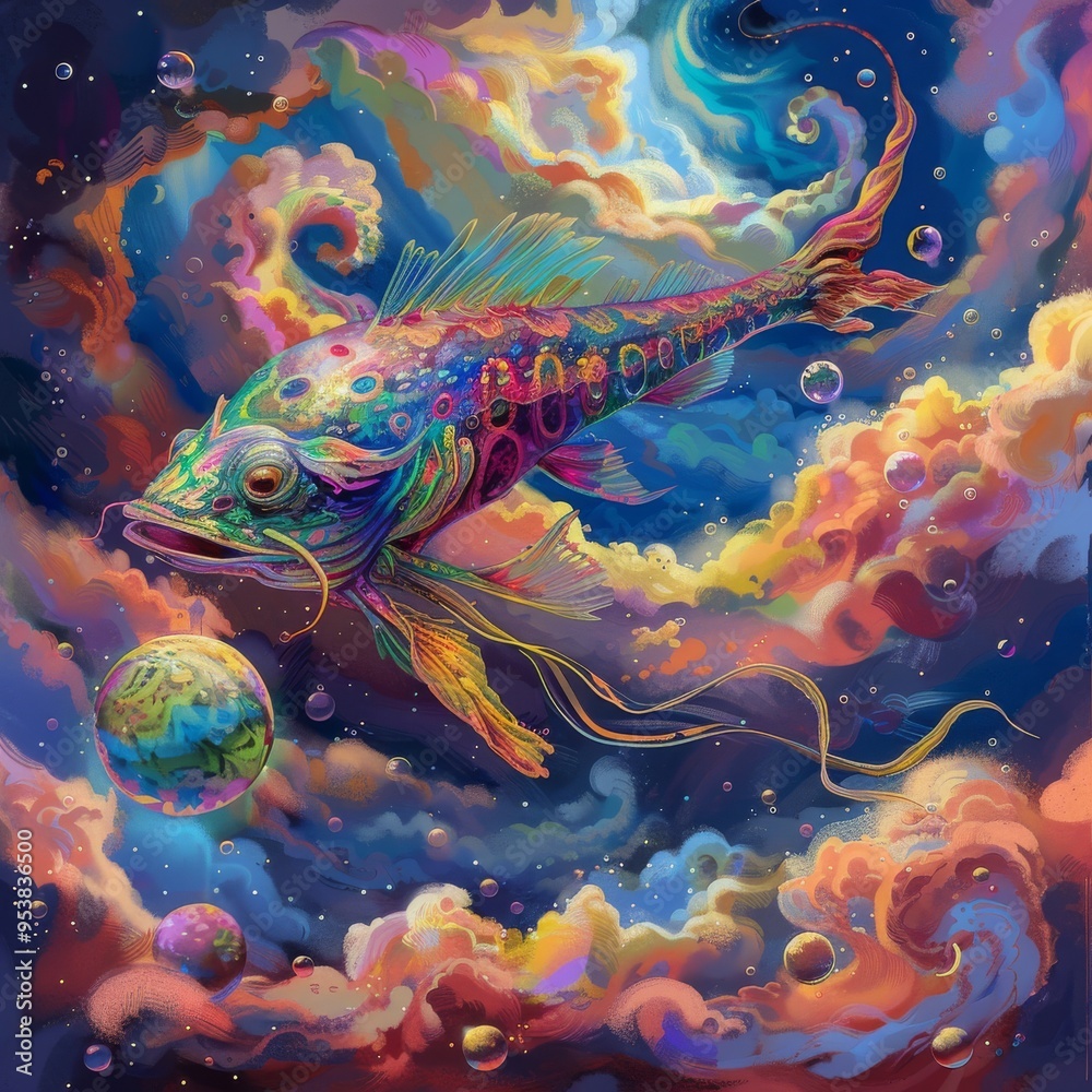 Surreal painting of a fish-like creature with a planet in its mouth ...