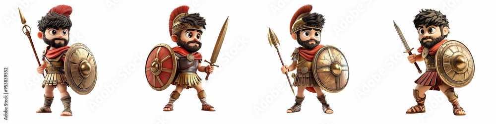 Cartoon Roman soldiers in detailed armor holding spears, swords, and shields, all wearing red ...