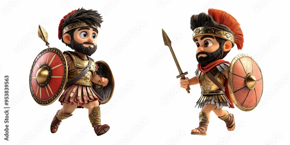 Cartoon Roman soldiers in full armor running with spears and shields ...