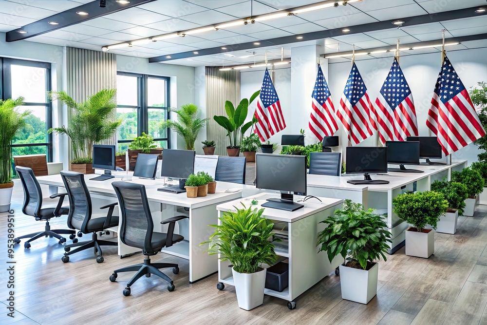 A modern office interior of a busy government agency features rows of ...