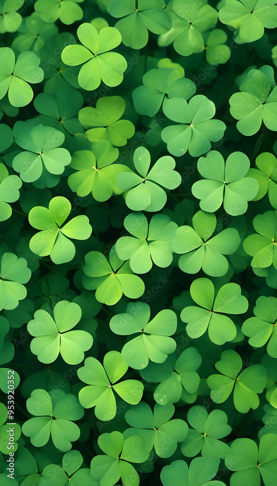 A close-up of a vibrant green four-leaf clover standing tall amidst a ...