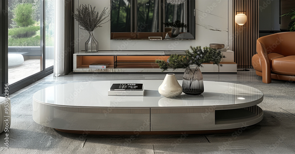 A coffee table with thick circular side panels, metal handles, neutral ...
