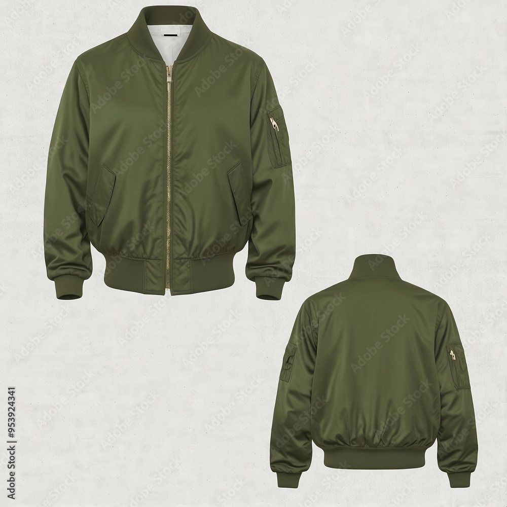 Ilustración de Stock Olive green bomber jacket, mock up template, front ...