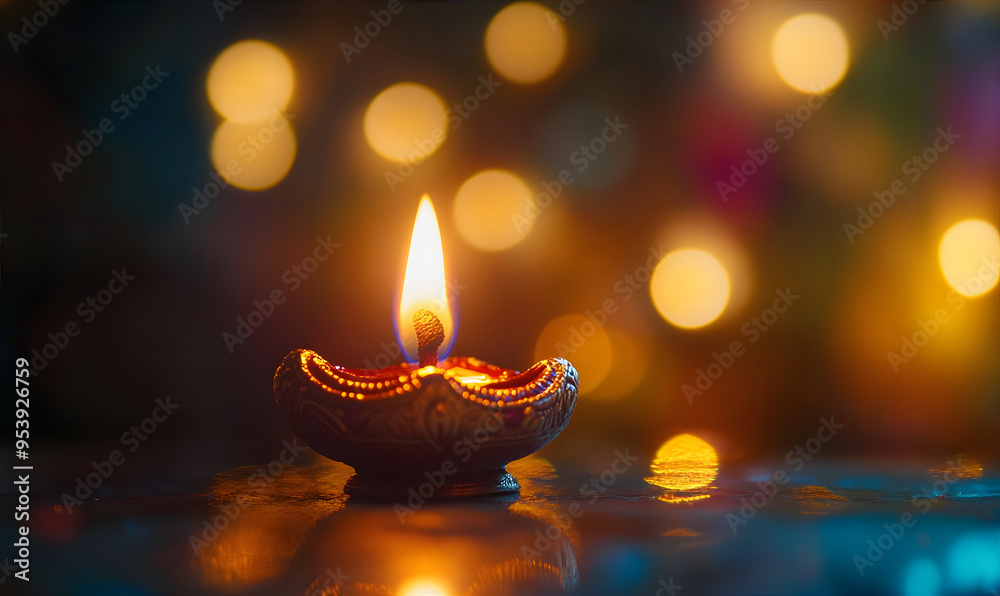 Festive greeting background with diya (oil lamp) on the blurry ...