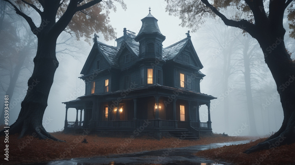 A spooky haunted house features large, eerie windows with reflections ...