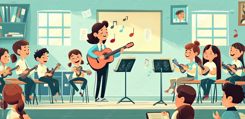 Vibrant Music Lesson: Teacher Playing Guitar with Students Singing ...