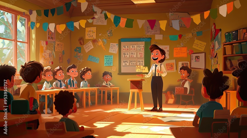 Enthusiastic Teacher Leading Spelling Bee Competition in Classroom with ...