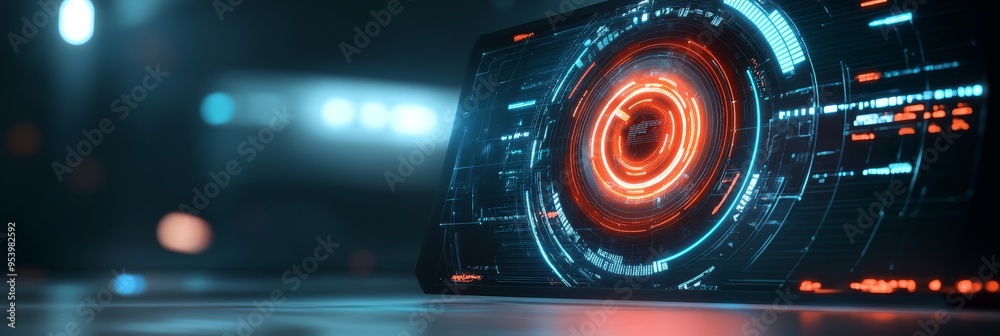 A futuristic digital scoreboard displaying game information and player ...