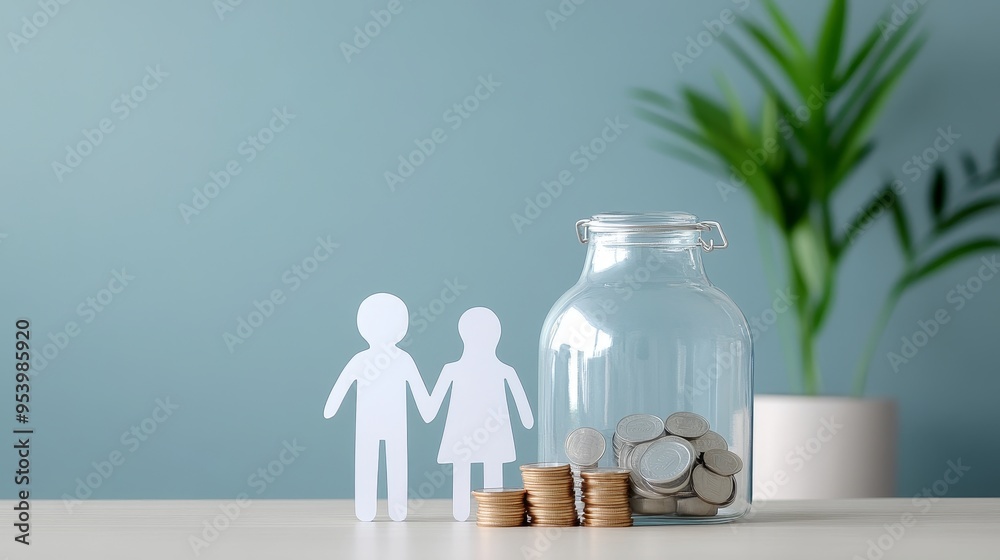 Paper cutouts of a couple stand in front of a jar filled with coins ...
