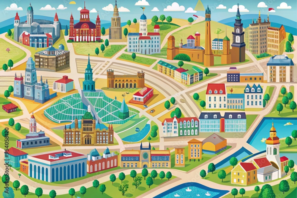 Colorful illustrative map of Edinburgh town center showcasing major ...