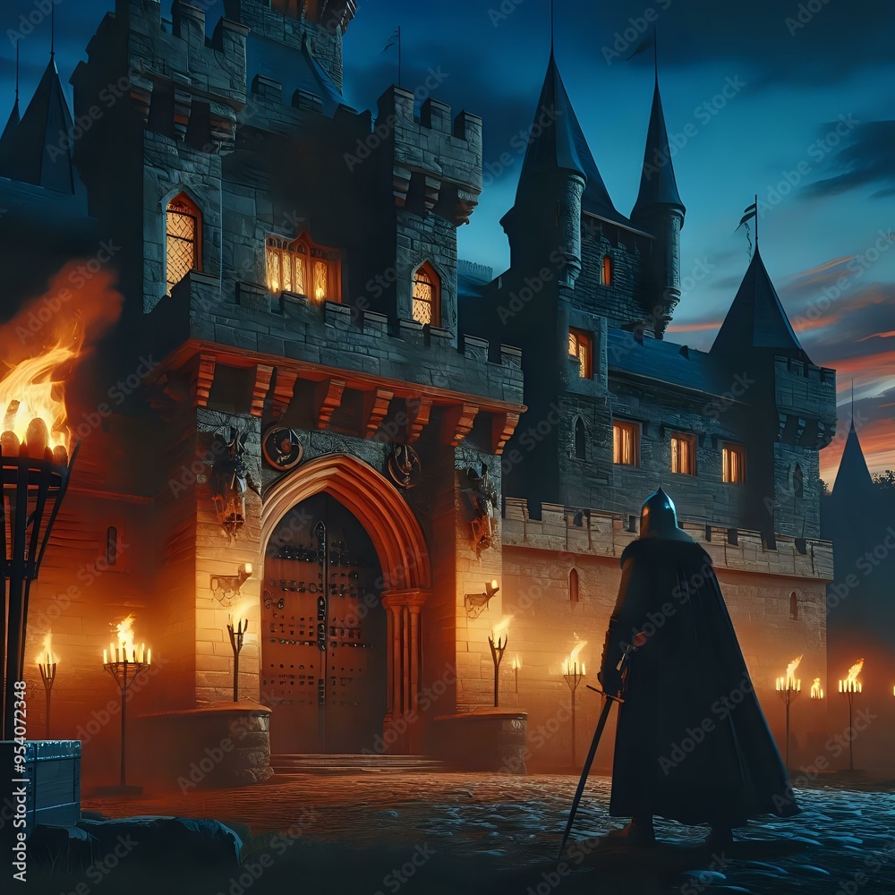 Illuminated old castle stands tall against the dark night sky, casting ...