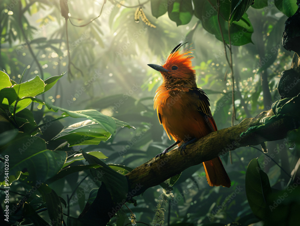 An Amazonian Royal Flycatcher displaying its colorful crest in a dense ...