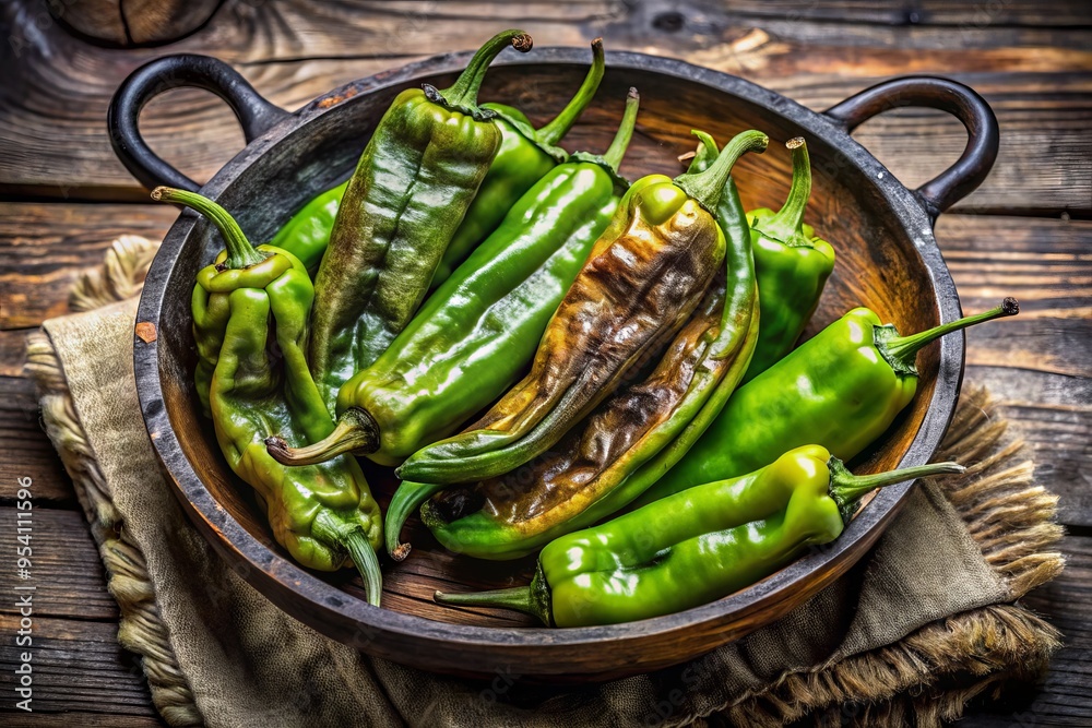 Freshly roasted hatch green chile peppers glisten with moisture, their ...