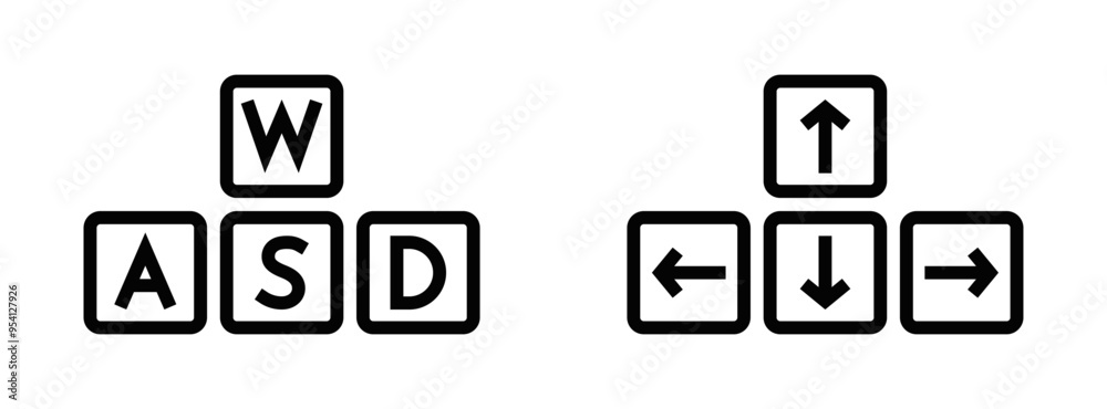 Minimalist black and white line icons of arrow keys and WASD keys ...