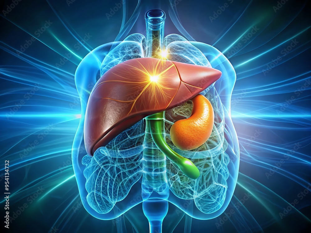 Illuminated 3D illustration of the human liver and gallbladder ...