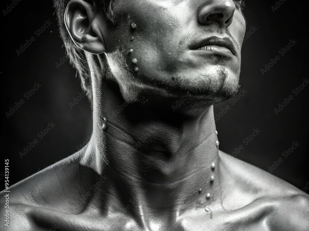 intense black and white closeup of tracheostomy scar on disabled ...