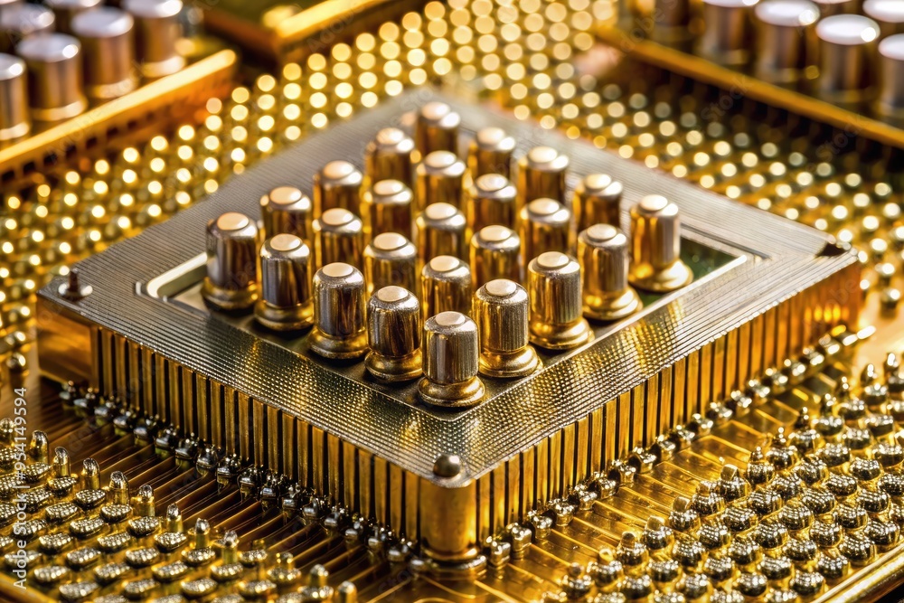 Macro view of gold-plated pin connectors on a shiny metallic central ...