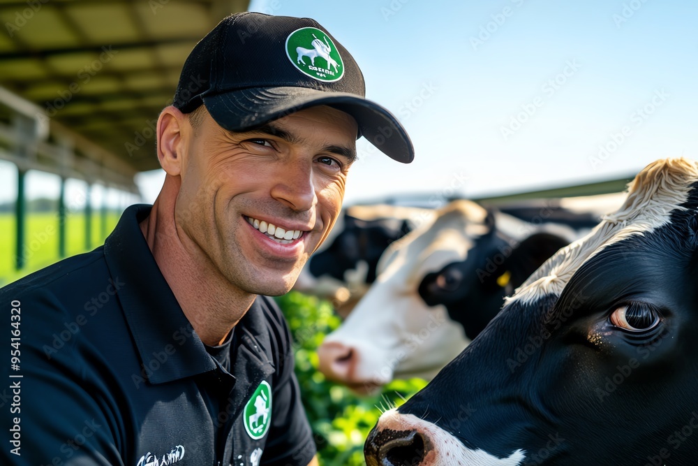 Foto de Stock Farm Cow Holstein, Milking, and Farmer shown in a modern ...