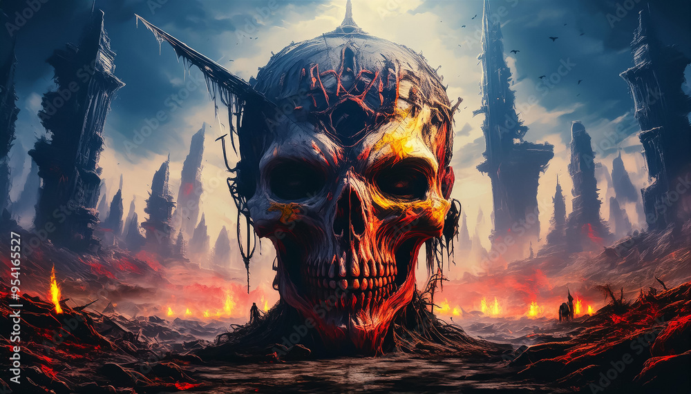 Skull head attached to burial site, rusty spear stuck in head with ...