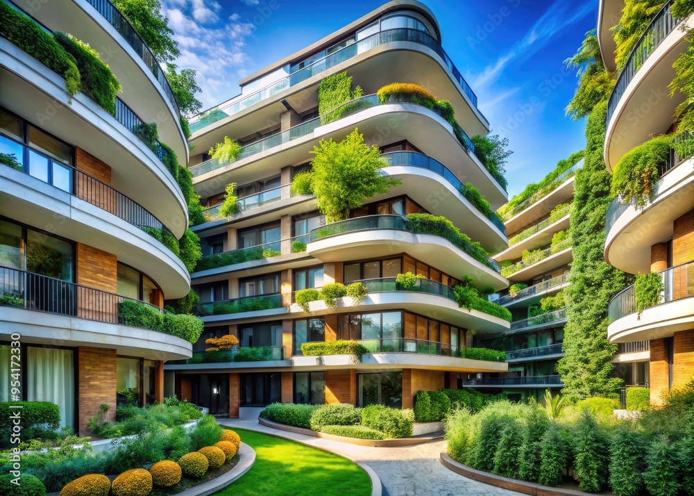 Modern garden-style apartment building features lush greenery, curved ...