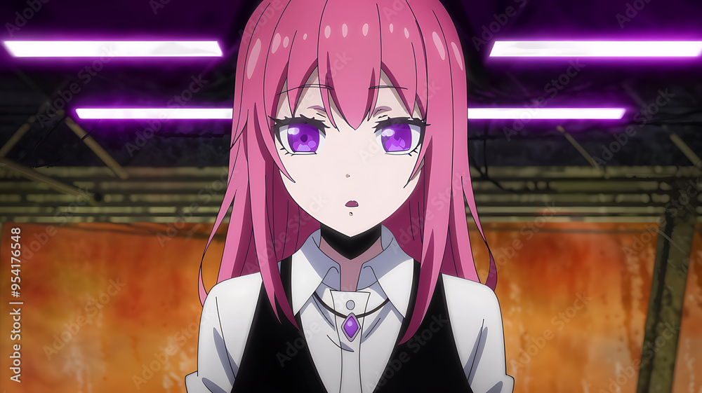 Intrigued anime girl with pink hair and purple eyes, looking directly ...