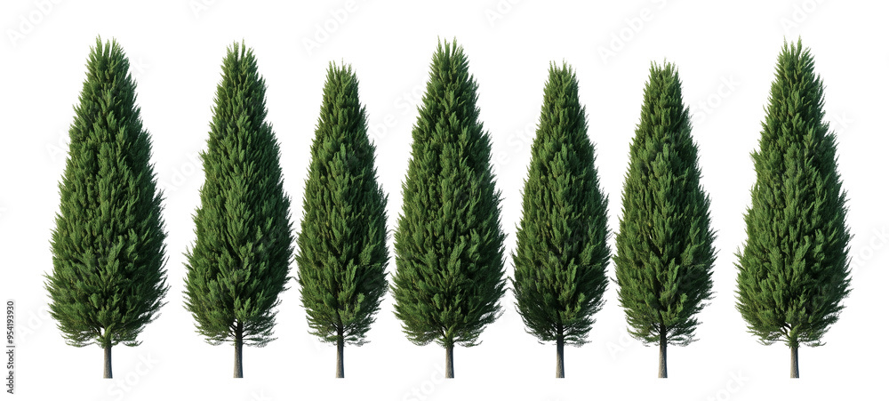 Thin green cypress trees lined up in a row against an isolated ...