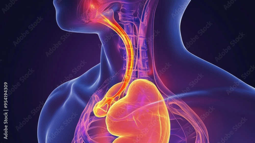 Medical diagram of the esophagus with a hiatal hernia, showing how part ...