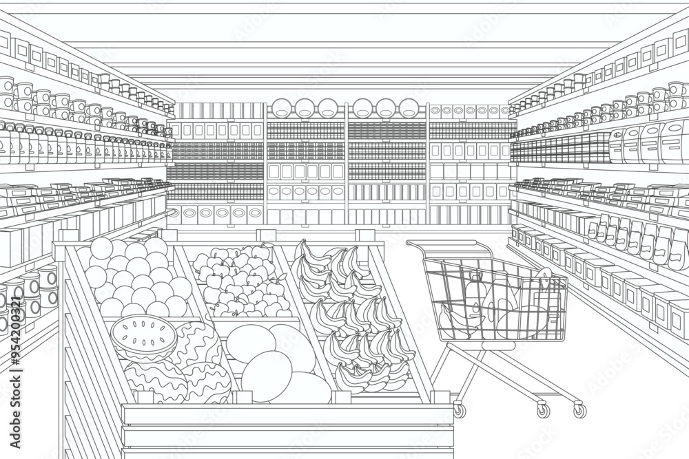 Perspective view of supermarket or store grocery interior with wooden ...