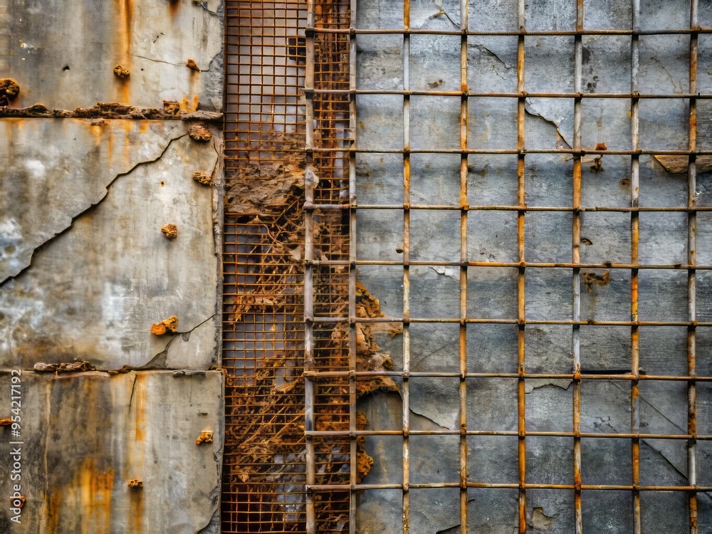 Rusty wire mesh panels embedded in rough, grey concrete, forming a ...