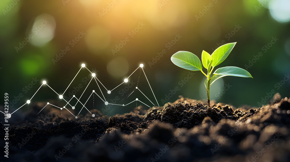 A scene depicting a small tree sprout emerging from a mound of rich ...