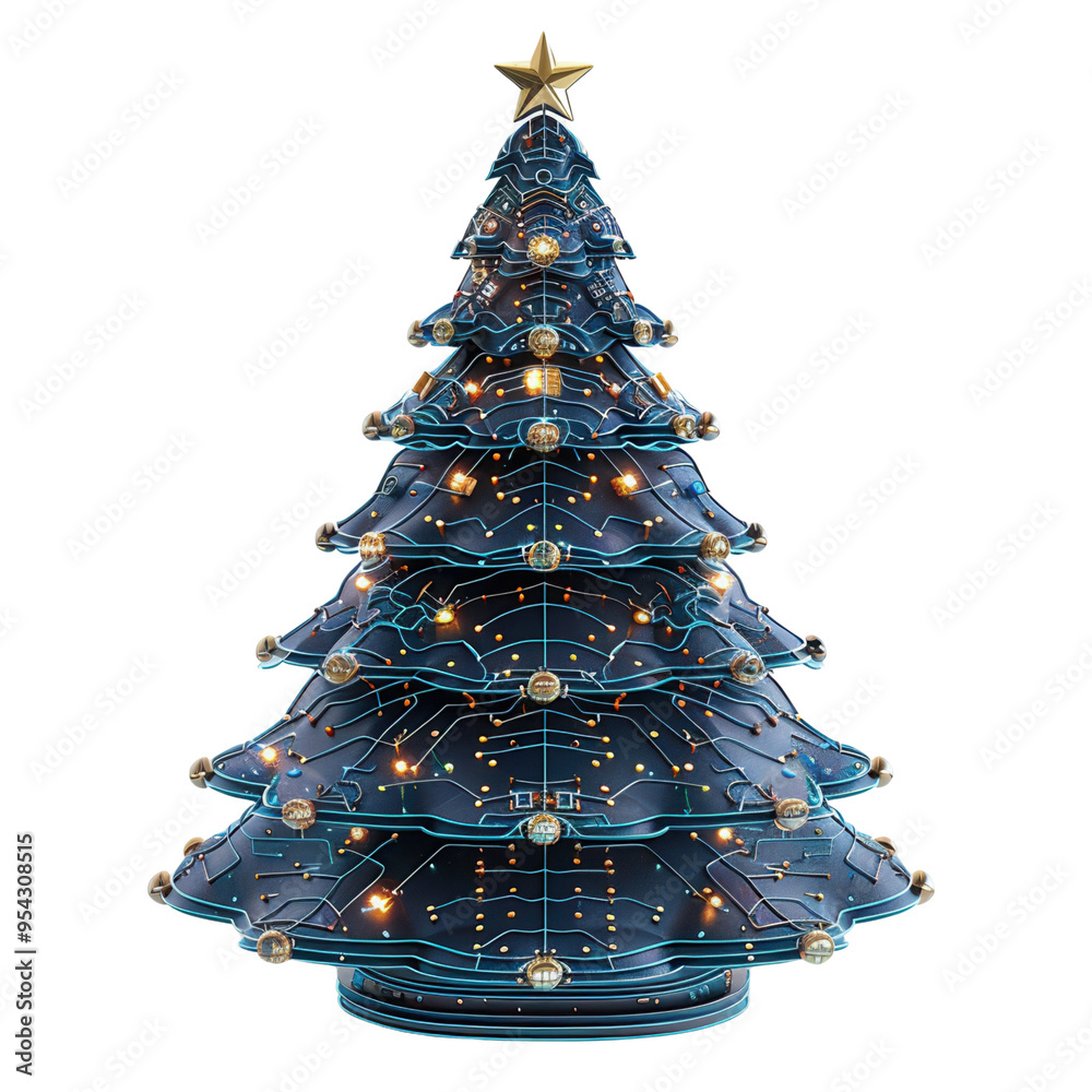 Futuristic Christmas tree with glowing lights and circuit board design ...