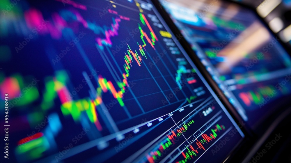 Monitor displaying a complex financial chart with moving averages and ...
