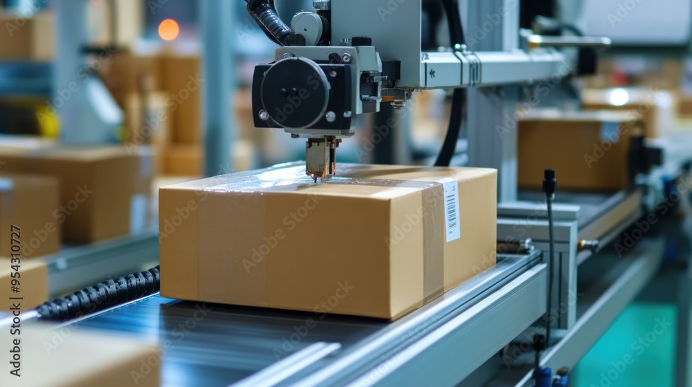 Automated Package Labeling in a Warehouse Stock Photo | Adobe Stock