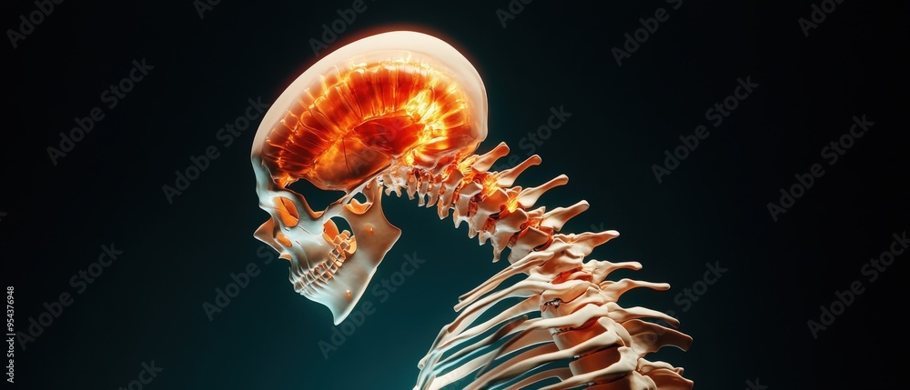 Detailed skeletal model showcasing the human skull and spine structure ...