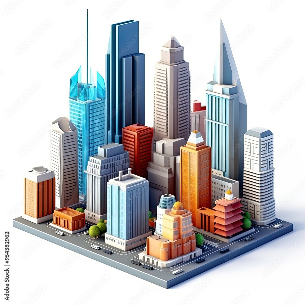 A 3D model of a city skyline with tall buildings, roads, and trees in a ...