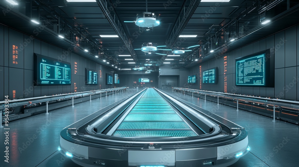 Ultra-modern baggage claim with transparent conveyor belts and AI ...