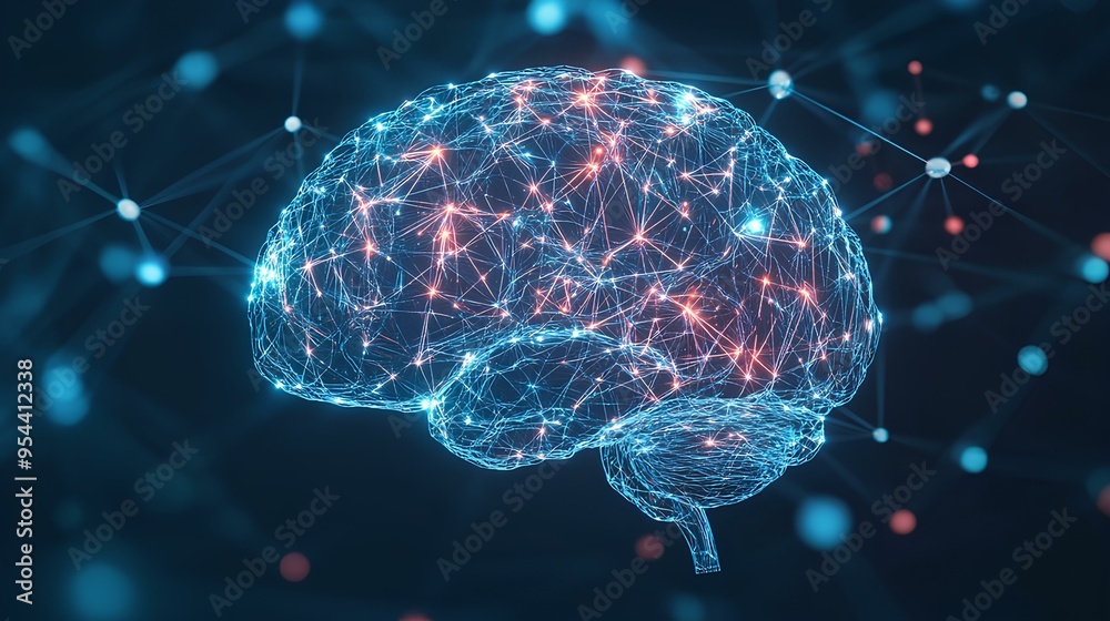 Digital art of a human brain transforming into a network of nodes and ...