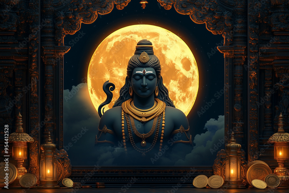 Divine depiction of Hindu Goddess Lord Shiva in front of a full moon ...