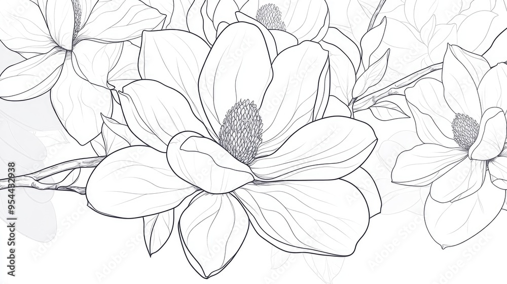Magnolia Line Art Floral Illustration Flower Coloring Page with Hand ...