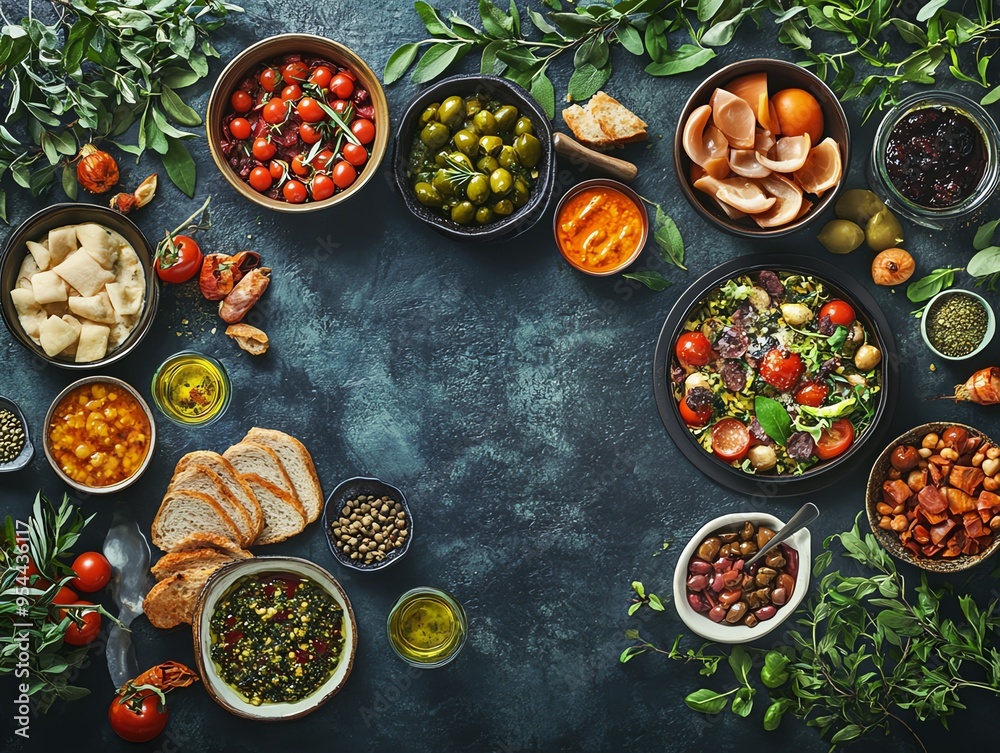 Mediterranean food spread on a rustic dark background, colorful ingredients, topdown view, fresh ...